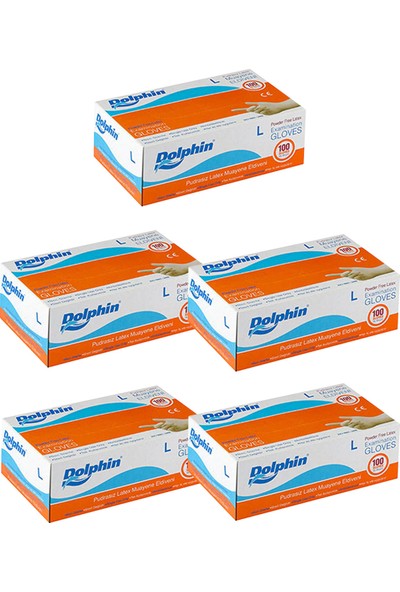 Dolphin Beyaz Lateks Eldiven Pudrasız (L) 100lü Paket 5 Adet