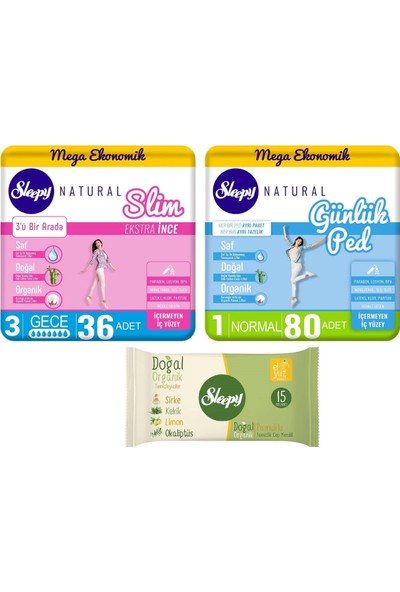 Sleepy Natural Slim Ekstra Ince Gece (36 Ped) + Sleepy Natural Günlük Ped 80 Adet + Organik Cep Mendili Sleepy Natural Slim Ekstra Ince Gece (36 Ped) + Sleepy Natural Günlük Ped 80 Adet + Organik Cep Mendili