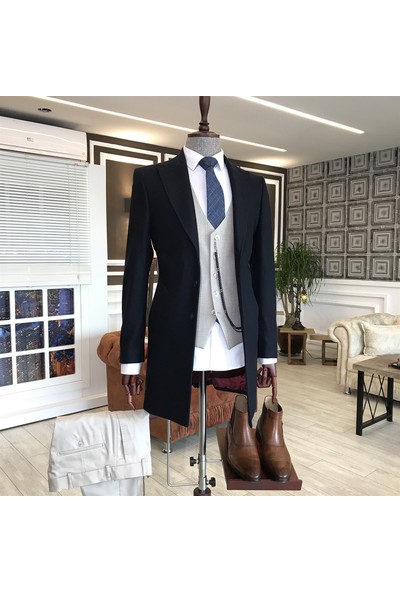 Terzi Adem Italyan Stil Ceket Yaka Yün Kaşe Kaban Lacivert T3885