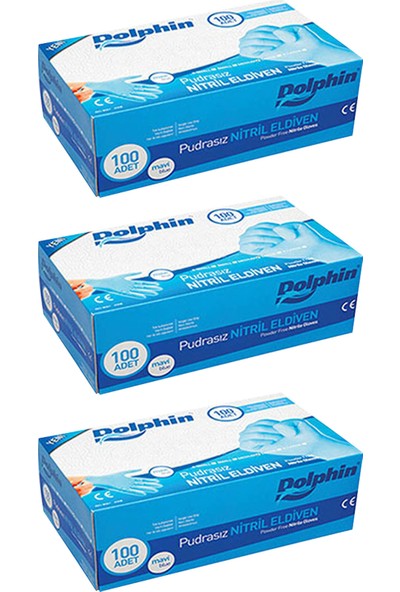 Dolphin Mavi Nitril Eldiven Pudrasız (M) 100lü Paket 3 Adet Dolphin Mavi Nitril Eldiven Pudrasız (M) 100lü Paket 3 Adet