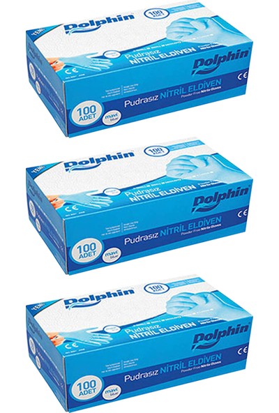 Dolphin Mavi Nitril Eldiven Pudrasız (L) 100lü Paket 3 Adet Dolphin Mavi Nitril Eldiven Pudrasız (L) 100lü Paket 3 Adet