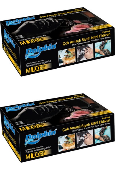 Dolphin Çok Amaçlı Siyah Nitril Eldiven (M) 100lü Paket 2 Adet (Gıdaya Uygun) Dolphin Çok Amaçlı Siyah Nitril Eldiven (M) 100lü Paket 2 Adet (Gıdaya Uygun)
