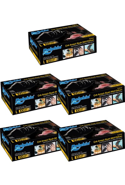 Dolphin Çok Amaçlı Siyah Nitril Eldiven (L) 100lü Paket 5 Adet (Gıdaya Uygun) Dolphin Çok Amaçlı Siyah Nitril Eldiven (L) 100lü Paket 5 Adet (Gıdaya Uygun)