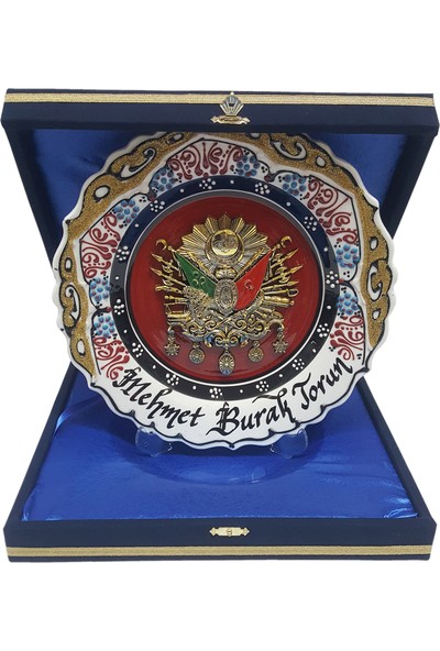 Sanat Hediyelik Osmanlı Armalı Çini Tabak-Isme Özel / 30 cm Çapında + Kadife Kutu