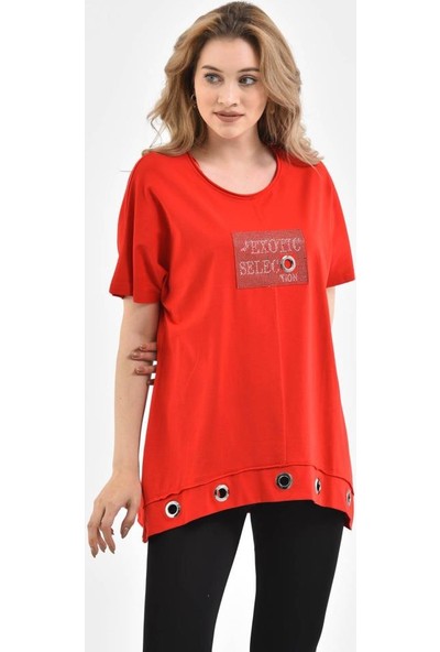 Modkofoni Bisiklet Yaka Kuş Gözlü ve Taşlı Kısa Kollu Kırmızı Bluz Modkofoni Bisiklet Yaka Kuş Gözlü ve Taşlı Kısa Kollu Kırmızı Bluz