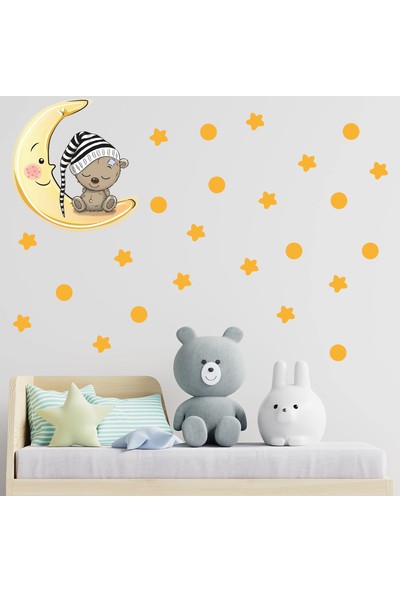 Tilki Dünyası Ay Üzerinde Uyuyan Sevimli Ayıcık Sarı Yıldızlar ve Puantiyeler Çocuk Odası Duvar Sticker