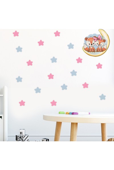 Tilki Dünyası Ay Üzerindeki Sevimli Tilkiler Mavi ve Pembe Yıldızlar Çocuk Odası Duvar Sticker Tilki Dünyası Ay Üzerindeki Sevimli Tilkiler Mavi ve Pembe Yıldızlar Çocuk Odası Duvar Sticker