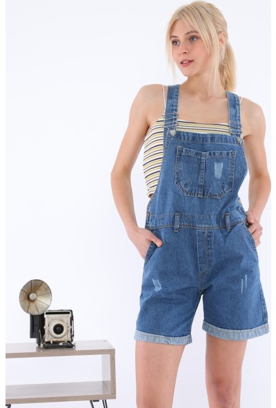 PodiumStar Askılı Kot Salopet Şortlu Tulum