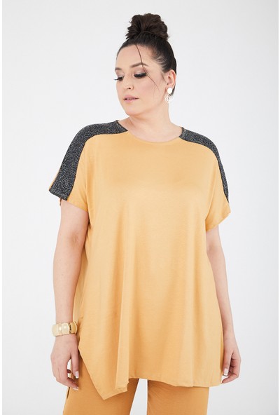 Siyezen Büyük Beden Hardal Omuzları Simli Yırtmaçlı T-Shirt