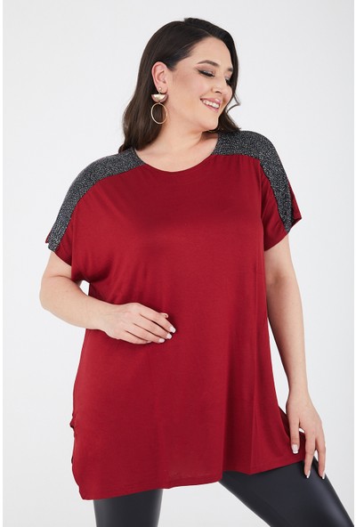 Siyezen Büyük Beden Bordo Omuzları Simli Yırtmaçlı T-Shirt