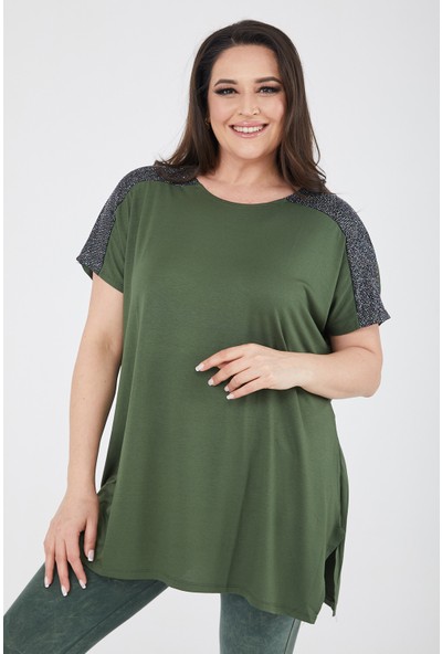 Siyezen Büyük Beden Haki Omuzları Simli Yırtmaçlı T-Shirt