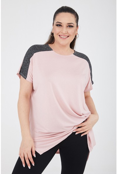Siyezen Büyük Beden Pudra Omuzları Simli Yırtmaçlı T-Shirt