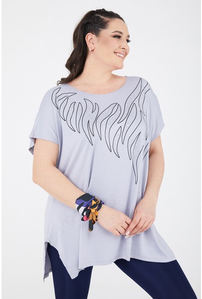 Siyezen Büyük Beden Gri Salaş Yazlık T-Shirt