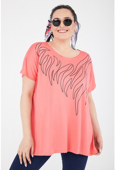 Siyezen Büyük Beden Nar Çiçeği Salaş Yazlık T-Shirt