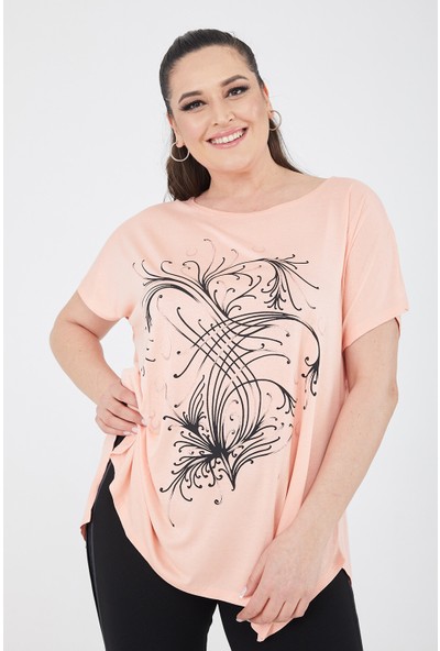 Siyezen Büyük Beden Yavruağzı Salaş Uzun Yırtmaçlı T-Shirt Siyezen Büyük Beden Yavruağzı Salaş Uzun Yırtmaçlı T-Shirt