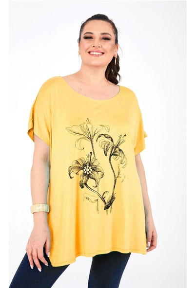 Siyezen Büyük Beden Hardal Salaş Baskılı Penye T-Shirt Siyezen Büyük Beden Hardal Salaş Baskılı Penye T-Shirt