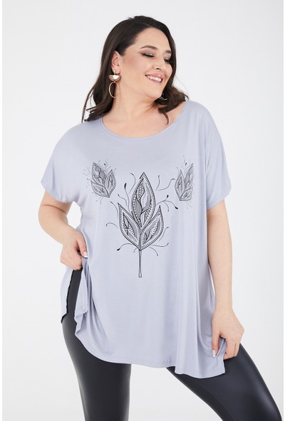 Siyezen Büyük Beden Gri Salaş Kısa Kollu T-Shirt Siyezen Büyük Beden Gri Salaş Kısa Kollu T-Shirt