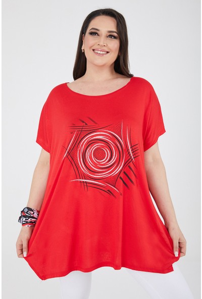 Siyezen Büyük Beden Kırmızı Salaş Yuvarlak Baskı Simli T-Shirt