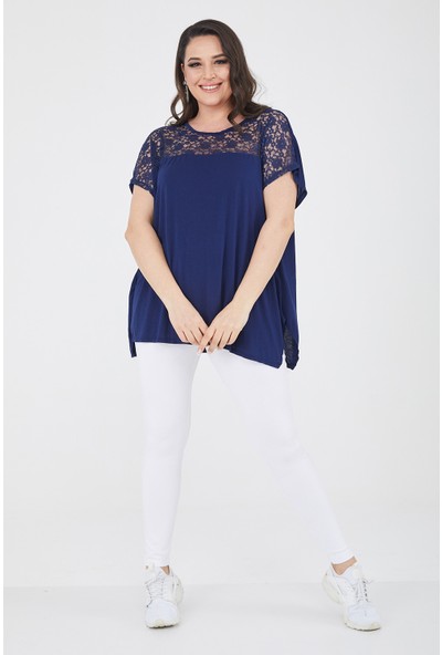 Siyezen Büyük Beden Lacivert Salaş Yakası Dantel T-Shirt