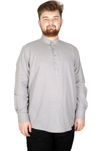 ModeXL Büyük Beden Erkek Keten Likralı Ukol Hakim Yaka Gömlek 20388 Gri