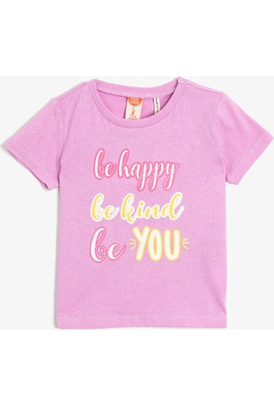 Koton Kız Bebek Yazılı Tişört Pamuklu Kısa Kollu Bisiklet Yaka
