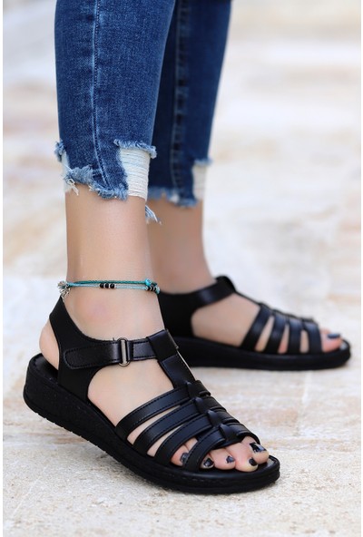 Woggo Pnt 390129 Cilt Günlük Kadın Sandalet Ayakkabı Siyah