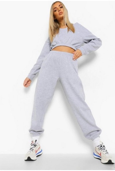 Soufeel V Yaka Sweatshirt Jogger Lastikli Eşofman Altı Kadın Alt Üst Gri Eşofman Takım