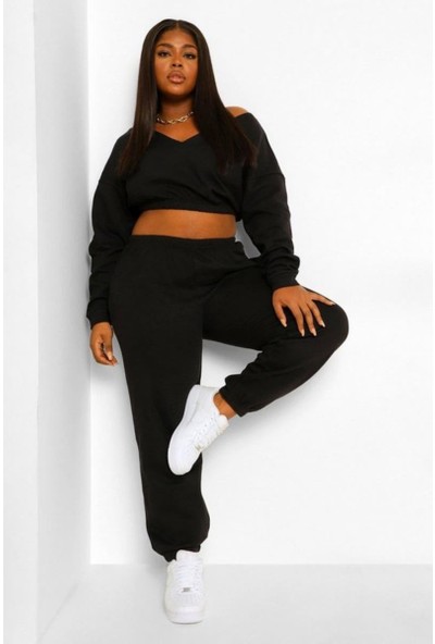 Soufeel Büyük Beden V Yaka Siyah Kadın Lastikli Alt Üst Takım