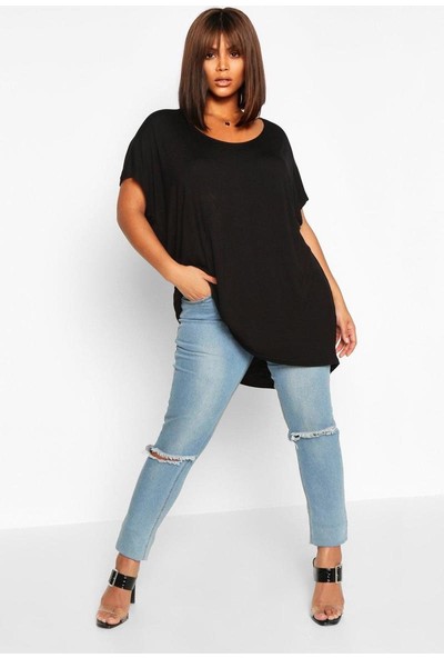 Soufeel Büyük Beden Yuvarlak Geniş Yaka Siyah Kadın Bluz Tişört