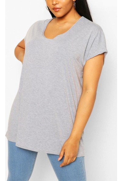 Soufeel Büyük Beden Yuvarlak Geniş Yaka Gri Kadın Bluz Tişört