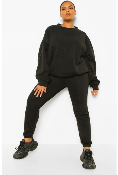 Soufeel Basic Büyük Beden Siyah Swatshirt ve Jogger Eşofman Alt Üst Takım