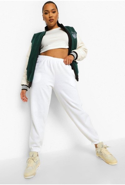 Soufeel Oversize Büyük Beden Lastikli Bel Paça Beyaz Kadın Eşofman Altı