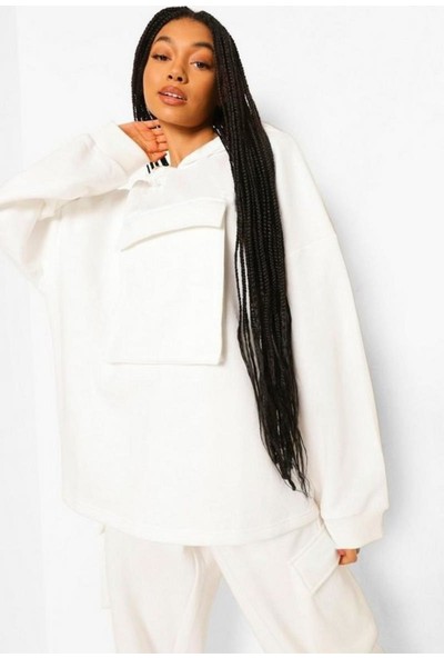 Soufeel Beyaz Postacı Cepli Oversize Geniş Kol Kadın Kapüşonlu Sweatshirt