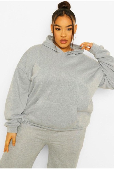 Soufeel Oversize Büyük Beden Gri Kadın Kapüşonlu Sweatshirt