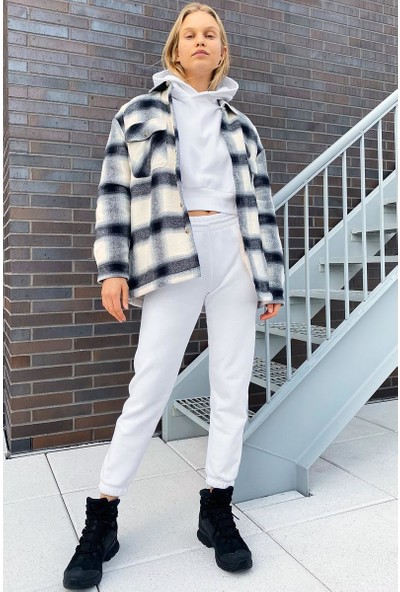 Soufeel Beyaz Crop Kısa Kapüşonlu Sweatshirt ve Jogger Eşofman Alt Üst Eşofman Takımı