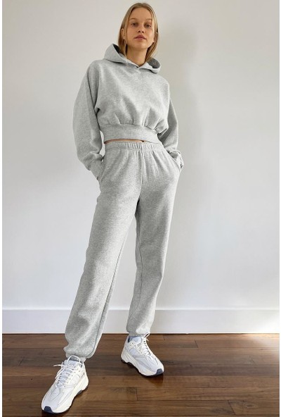 Soufeel Gri Crop Kısa Kapüşonlu Sweatshirt ve Jogger Eşofman Alt Üst Eşofman Takımı