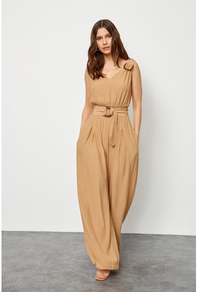 Setre Bej Viskon Rayon Tokalı ve Kemerli Maxi Tulum