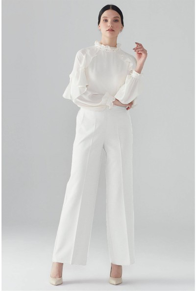 Zühre Bel Lastik Detaylı Pantolon Ekru P-0102 Zühre Bel Lastik Detaylı Pantolon Ekru P-0102