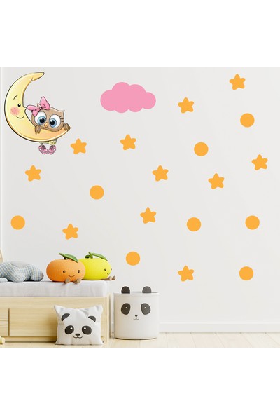 Tilki Dünyası Ay Üzerinden Sarkan Sevimli Baykuş Pembe Bulut Sarı Yıldızlar ve Puantiyeler Çocuk Odası Duvar Sticker Tilki Dünyası Ay Üzerinden Sarkan Sevimli Baykuş Pembe Bulut Sarı Yıldızlar ve Puantiyeler Çocuk Odası Duvar Sticker