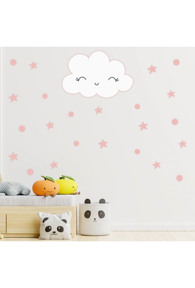 Tilki Dünyası Sevimli Bulut Pembe Yıldızlar ve Puantiyeler Çocuk Odası Duvar Sticker
