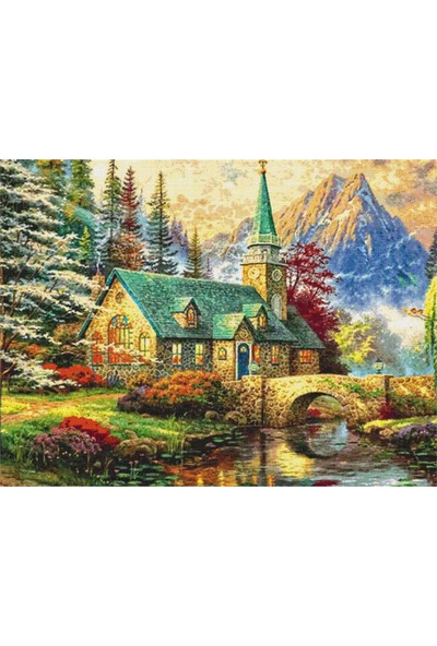 Movas Sanat Dağ Eteğindeki Çiçekli Kasaba Elmas Mozaik Tablo