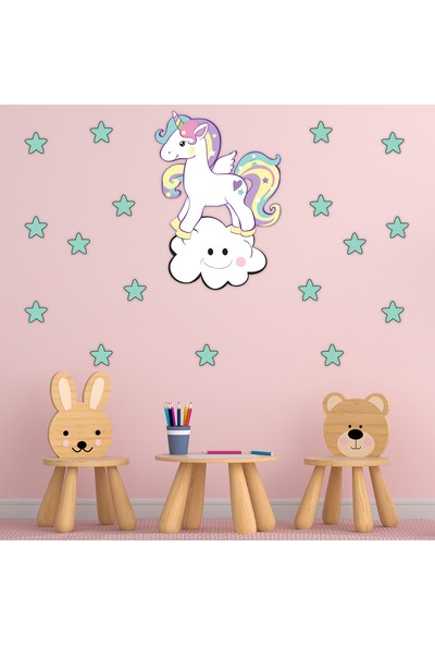 Tilki Dünyası Sevimli Unicorn Gülen Beyaz Bulut Yeşil Yıldızlar Çocuk Odası Duvar Sticker Tilki Dünyası Sevimli Unicorn Gülen Beyaz Bulut Yeşil Yıldızlar Çocuk Odası Duvar Sticker