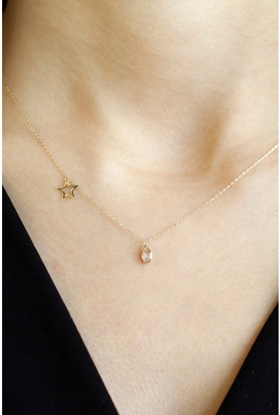 Cenova Kuyumculuk 14 Ayar Altın Beyaz Taşlı Yıldız Figürlü Kolye