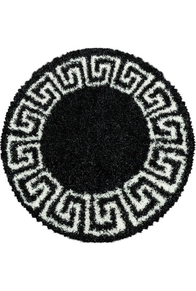 Ayyıldız Yuvarlak Desenli Shaggy Halı Yumuşak Ornament Bordür Desen Siyah Beyaz