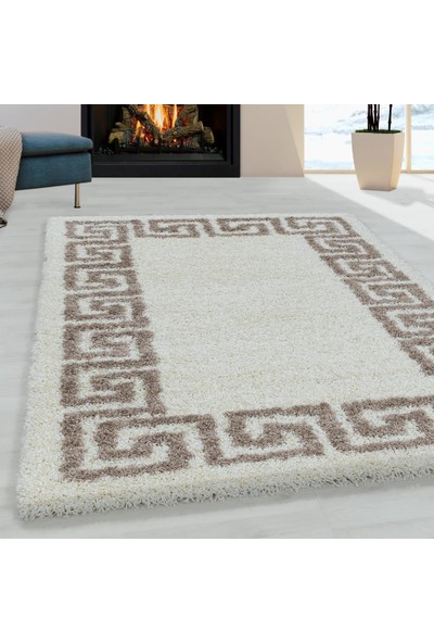 Ayyıldız Desenli Shaggy Halı Yumuşak Ornament Bordür Desen Krem Bej