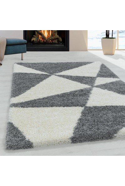Ayyıldız Desenli Shaggy Halı Yumuşak Geometrik Üçgen Desenli Gri Krem
