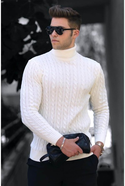 Madmext Örgü Desenli Balıkçı Yaka Beyaz Kazak 4654 Madmext Örgü Desenli Balıkçı Yaka Beyaz Kazak 4654