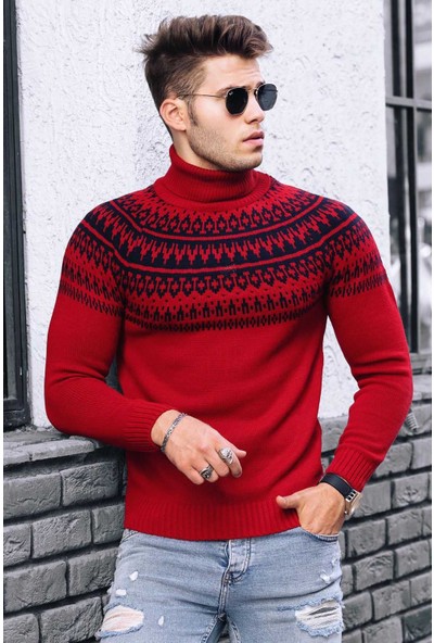 Madmext Kırmızı Balıkçı Yaka Desenli Kazak 4732