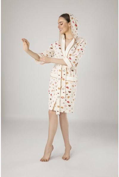 Nuşa Krem Kalpli Pike Bambu (Antibakteriye) Cotton Bayan Sabahlık