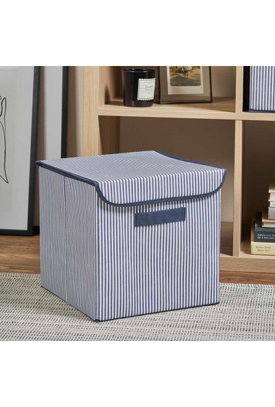 Ocean Home Lacivert Çizgi Desenli Kapaklı Kutu// 30X30X30